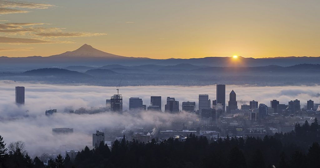 Sunrise over Foggy Portland Cityscape with Mt Hood - Stories of Our City